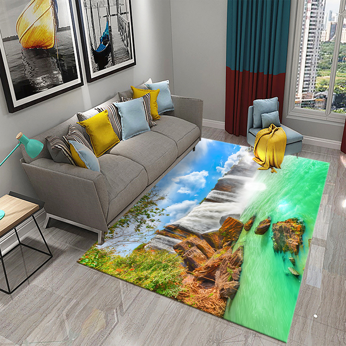 3D Waterfall Landscape Carpet for Living Room Green Forest Natural ...