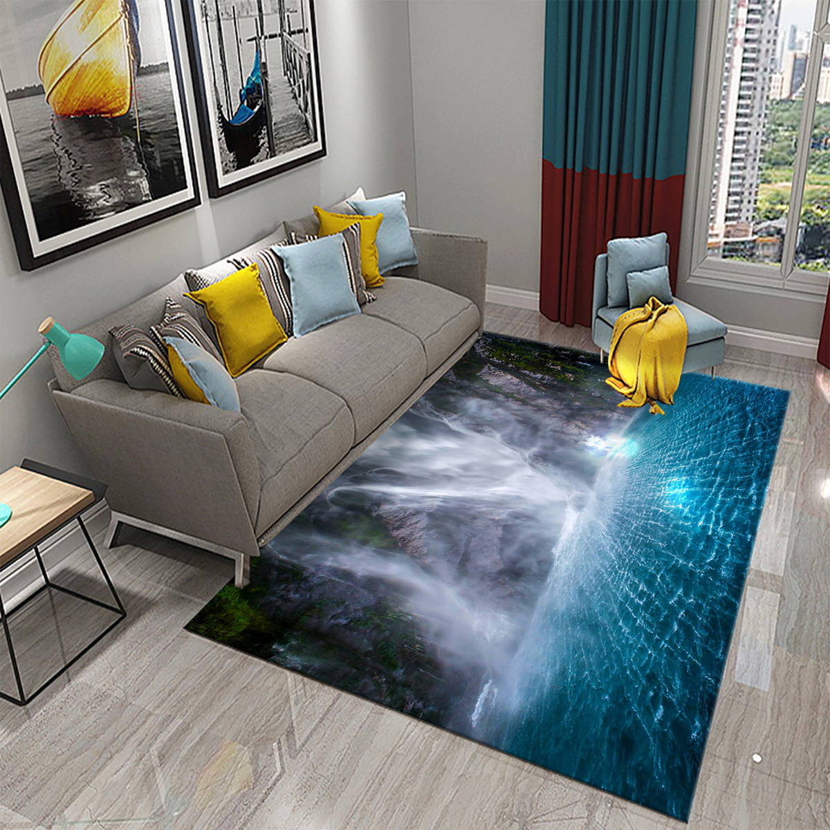 3D Waterfall Landscape Carpet for Living Room Green Forest Natural ...