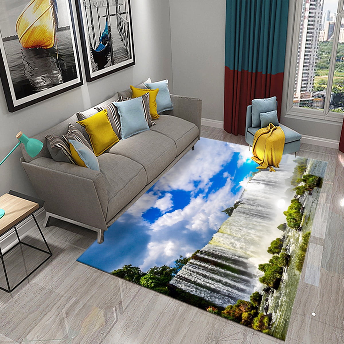 3D Waterfall Landscape Carpet for Living Room Green Forest Natural ...