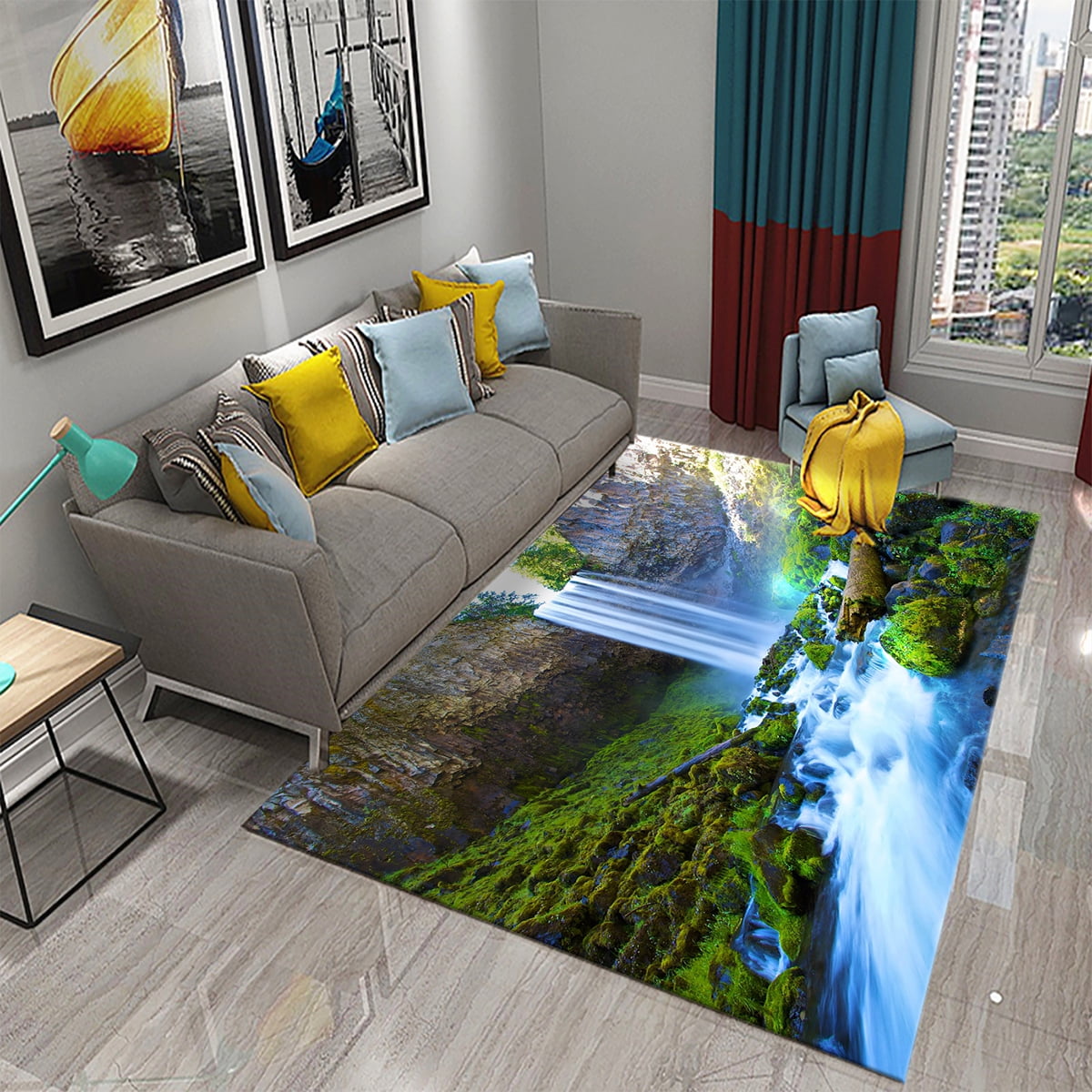 3D Waterfall Landscape Carpet for Living Room Green Forest Natural ...