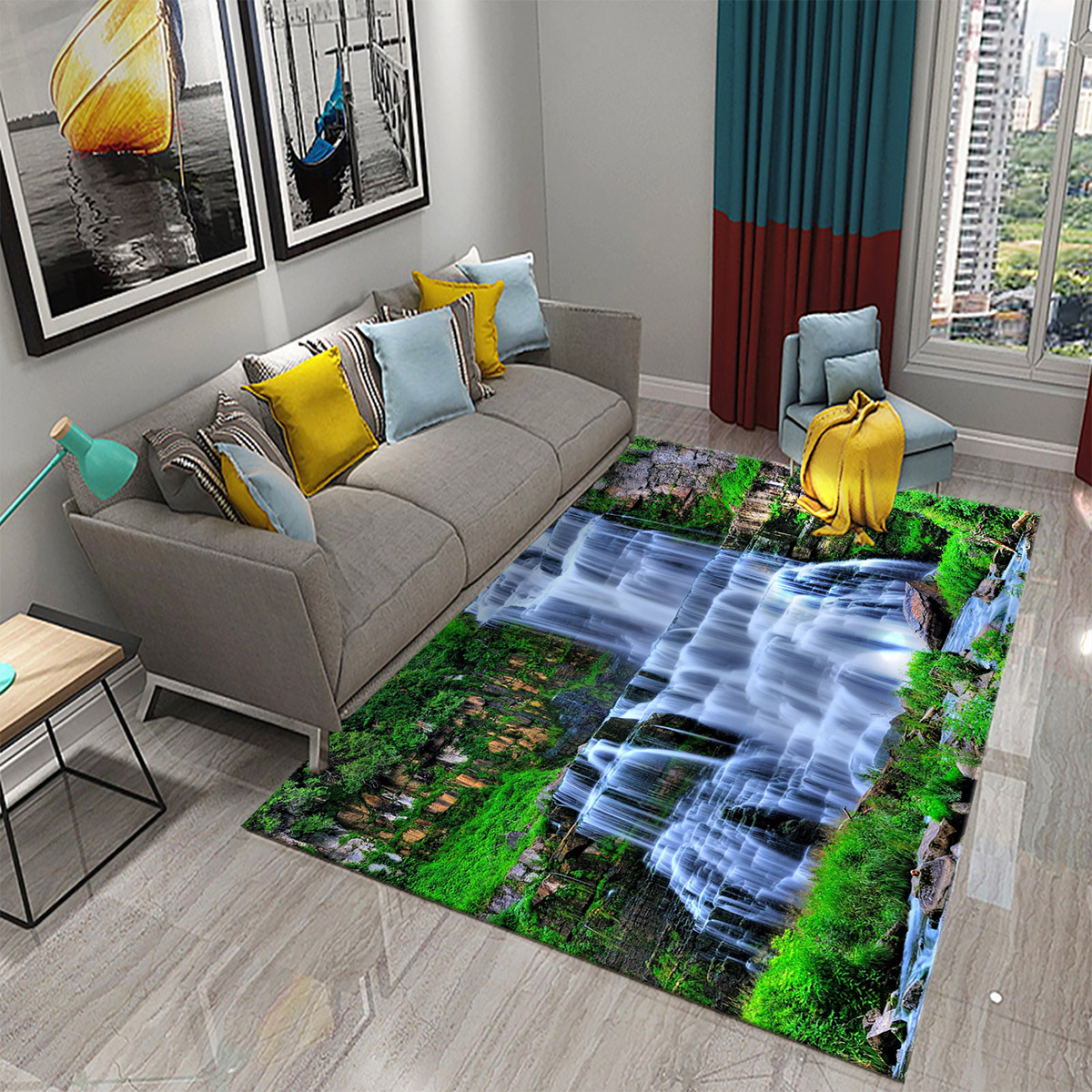 3D Waterfall Landscape Carpet for Living Room Green Forest Natural ...