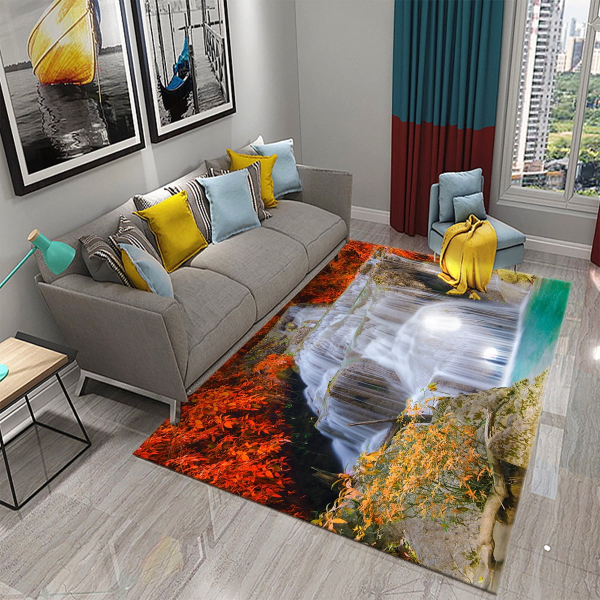 3D Waterfall Landscape Carpet for Living Room Green Forest Natural ...