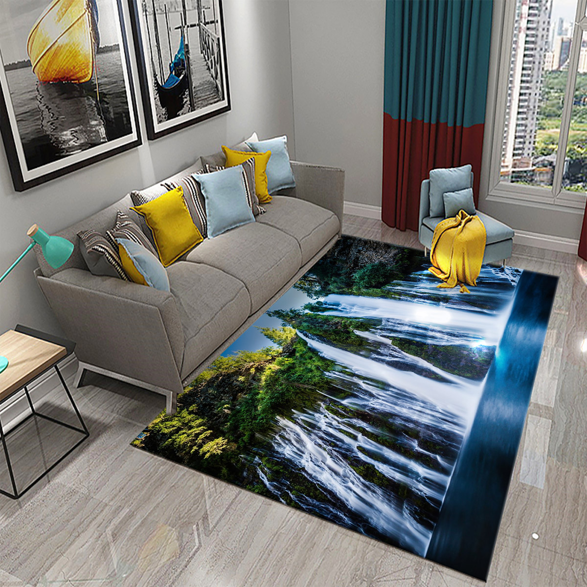 3D Waterfall Landscape Carpet for Living Room Green Forest Natural ...