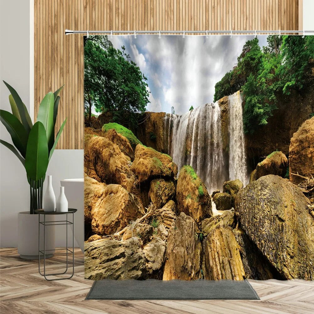 3d Waterfall Scenery Bathroom Shower Curtain Forest Trees Stone Lake