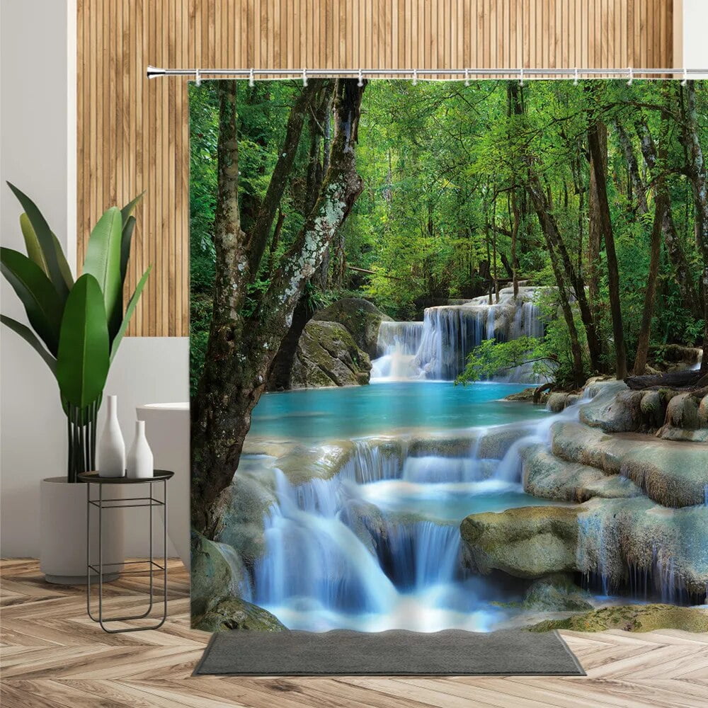 3d Waterfall Scenery Bathroom Shower Curtain Forest Trees Stone Lake