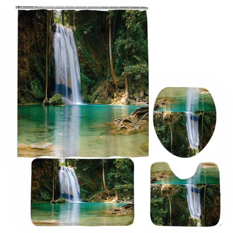 3d Waterfall Scenery Waterproof Shower Curtain Set Bathroom Curtains