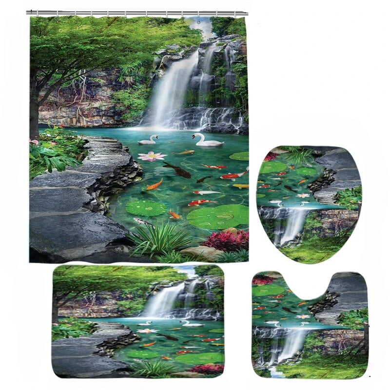3d Waterfall Scenery Waterproof Shower Curtain Set Bathroom Curtains