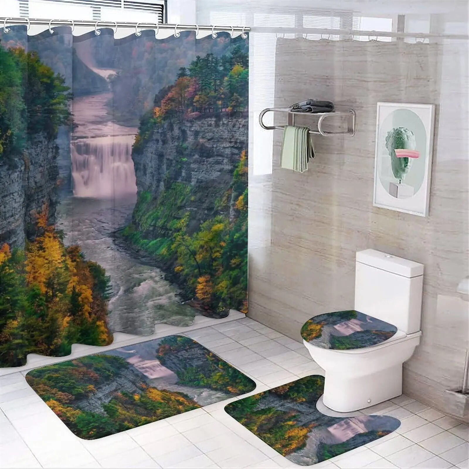 3d Waterfall Scenery Waterproof Shower Curtain Set Bathroom Landscape
