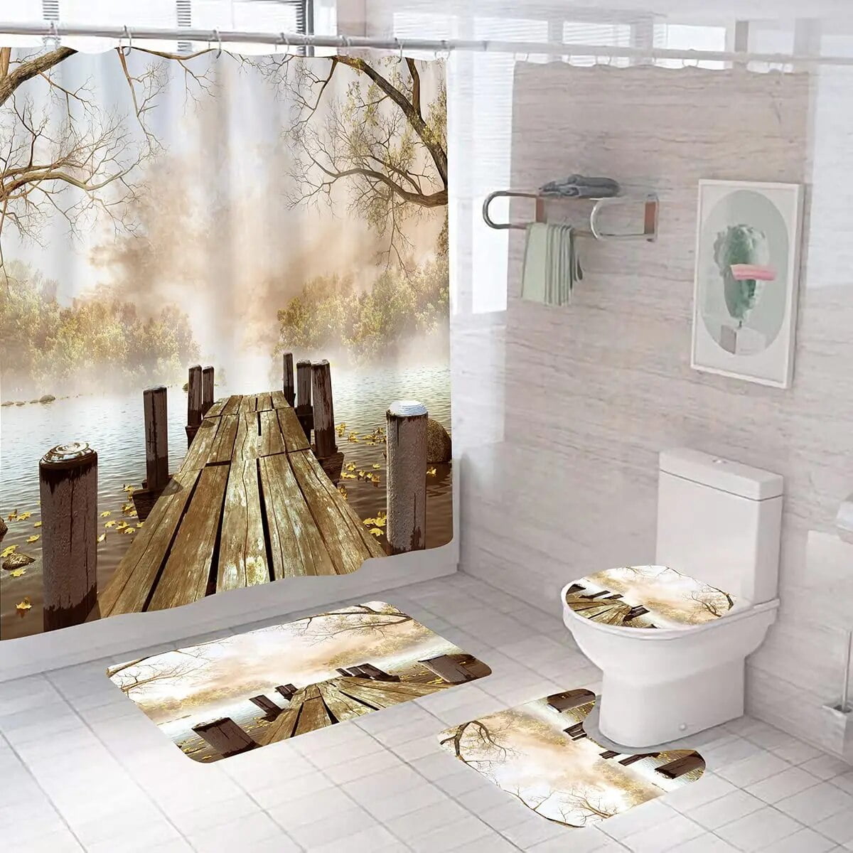 3d Waterfall Scenery Waterproof Shower Curtain Set Bathroom Landscape