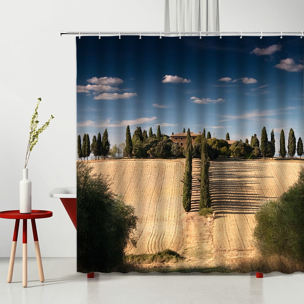 3D Waterfall Shower Curtain Natural Scenery Tree Bridge Wooden Pile ...