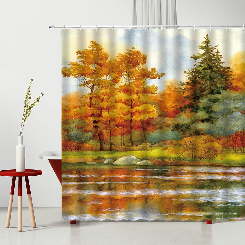 3D Waterfall Shower Curtain Natural Scenery Tree Bridge Wooden Pile ...