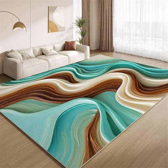 3D Wave Abstract Area Rug Modern Teal and Brown Fluid Rugs Ultra Soft ...