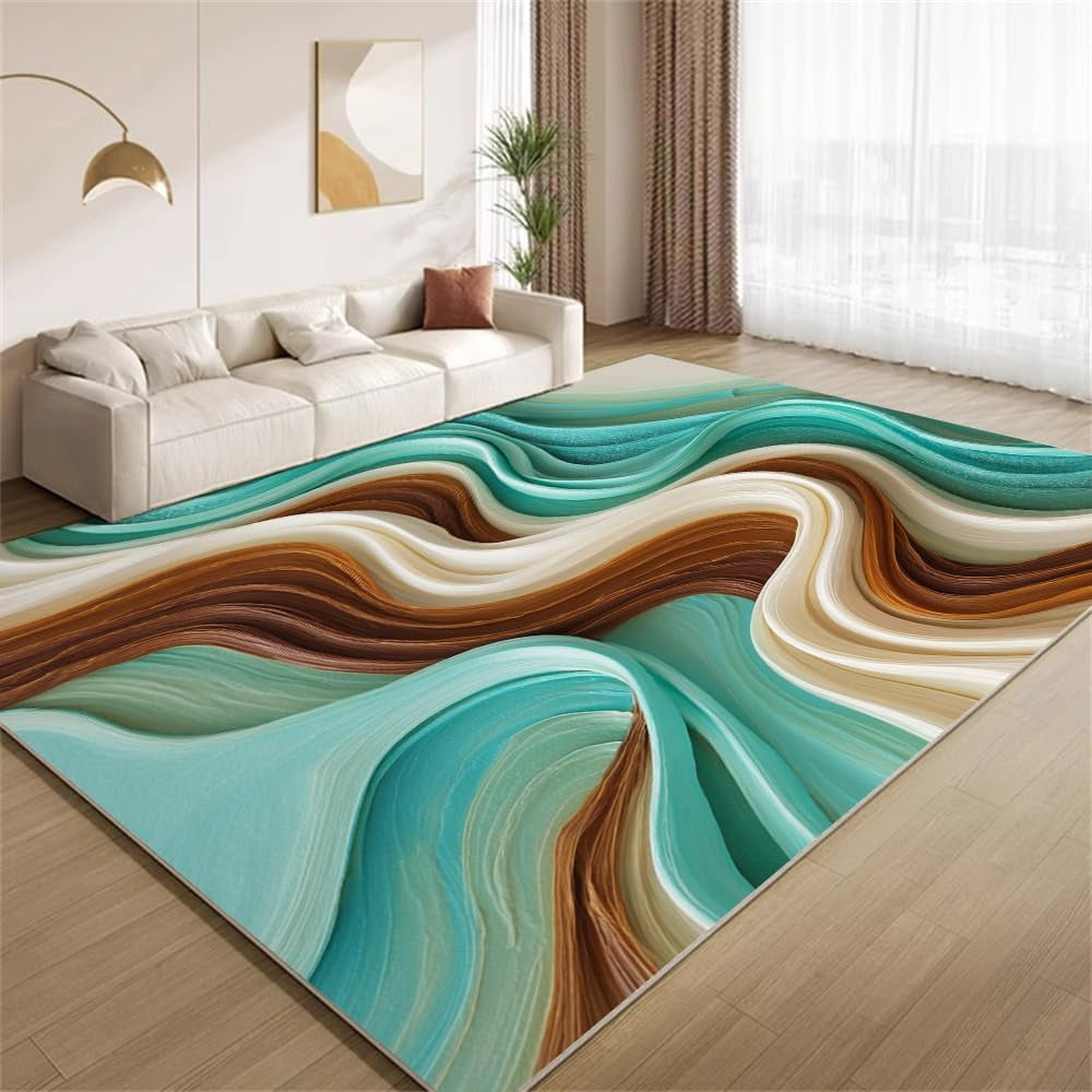 3D Wave Abstract Area Rugs, Teal Brown Fluid Pattern Carpet, Washable ...