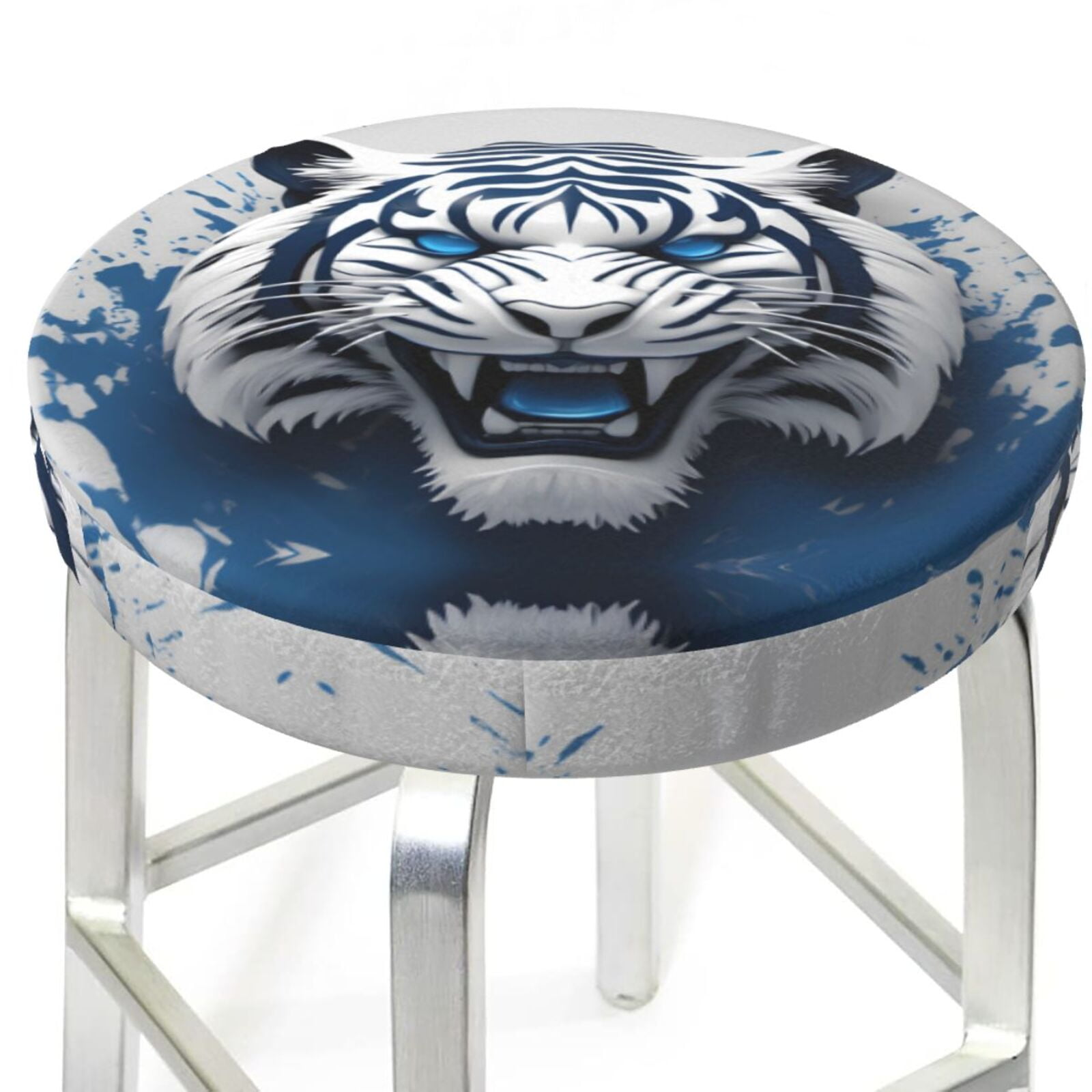 3D White and Blue Tiger Bar Stool Covers Round - Washable Round Seat ...