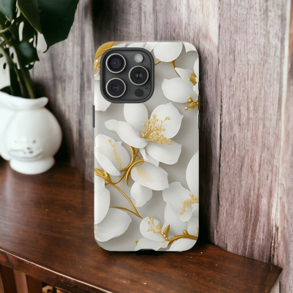 3D White Gold Lillies Floral Aesthetic Phone Case with iPhone 17 to 11 ...