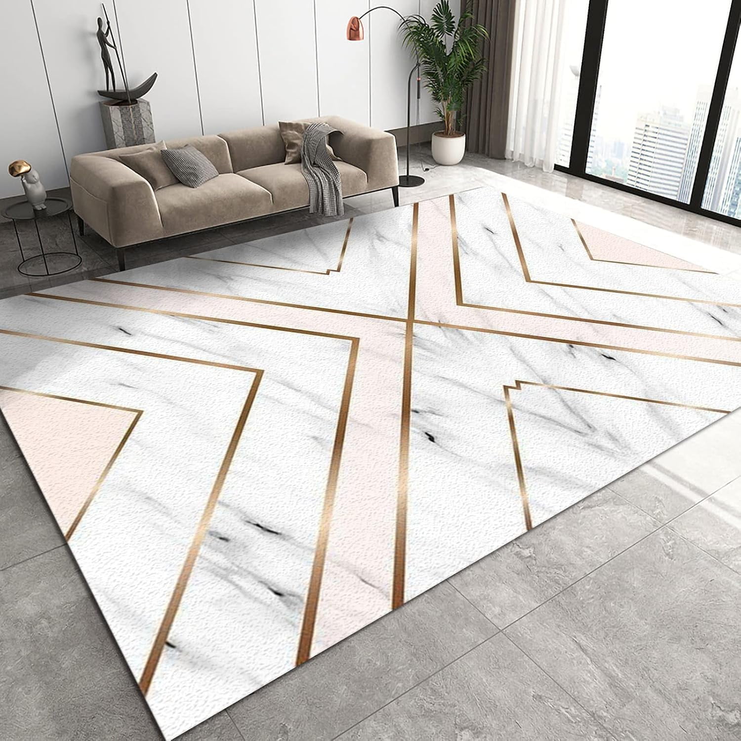 3D White Gold Marble Area Rugs, Geometric Curved Lines Regular Symmetry ...