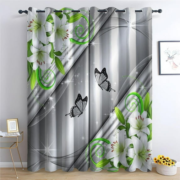3D White Lily Curtains, Silver Butterfly Floral Patterned Blackout ...