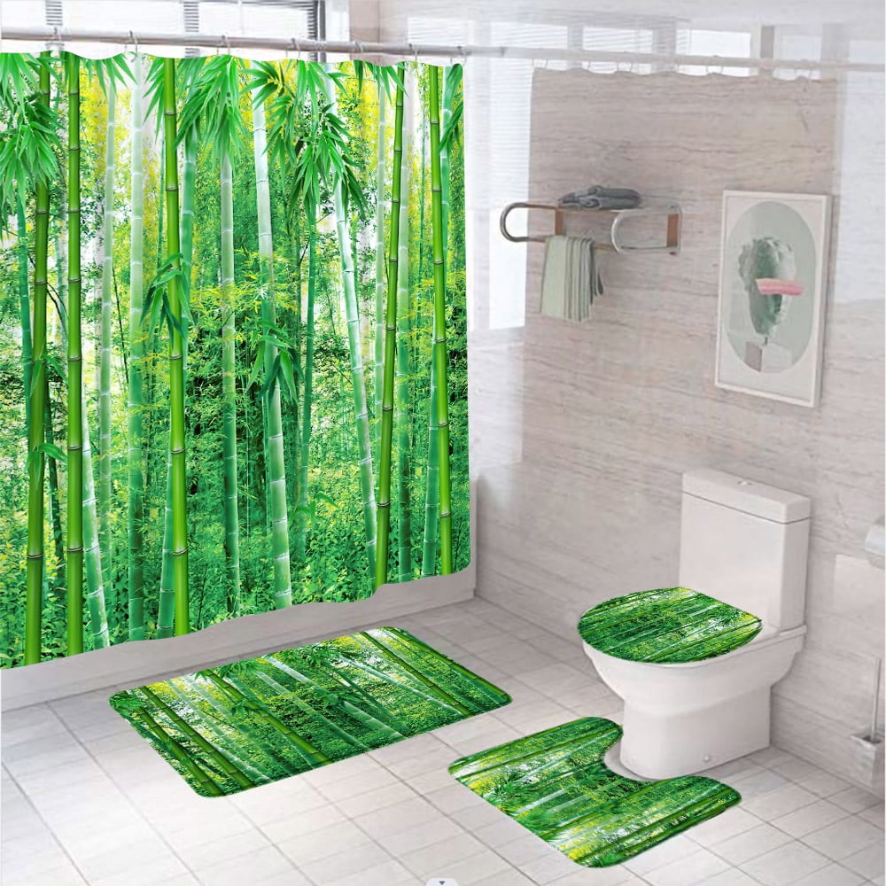 3D White Pebble St Bamboo Shower Curtain Set Lotus Flower Leaves ...