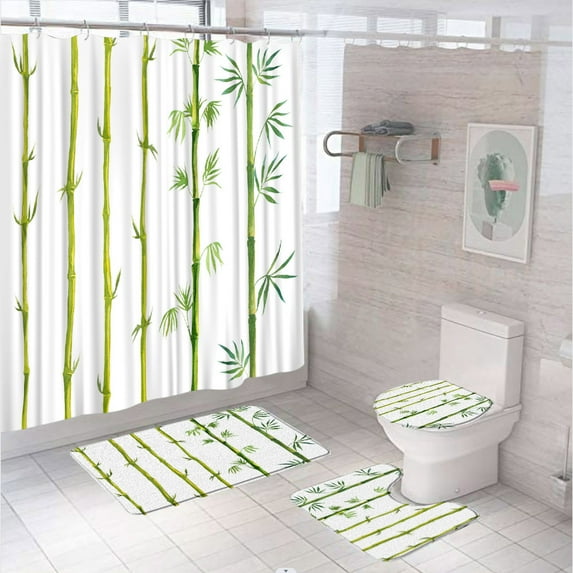 3D White Pebble St Bamboo Shower Curtain Set Lotus Flower Leaves ...