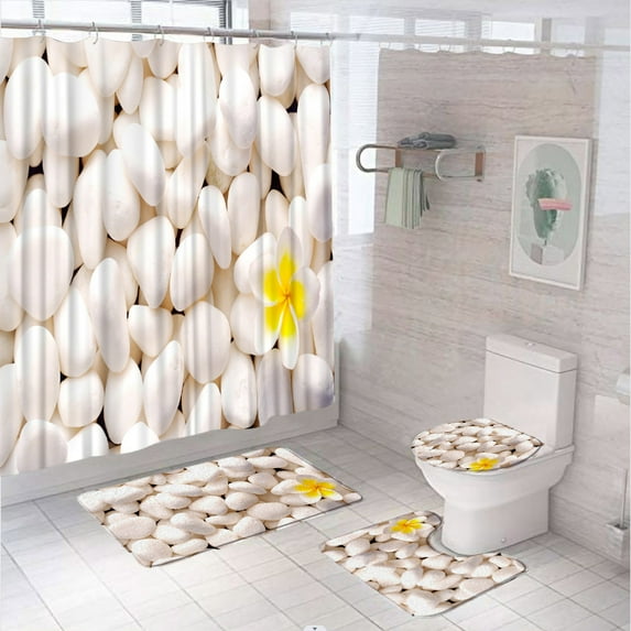 3D White Pebble St Bamboo Shower Curtain Set Lotus Flower Leaves ...