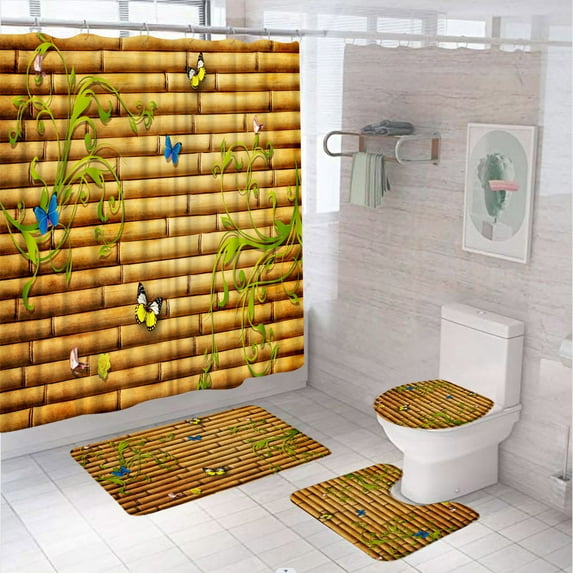 3D White Pebble St Bamboo Shower Curtain Set Lotus Flower Leaves ...