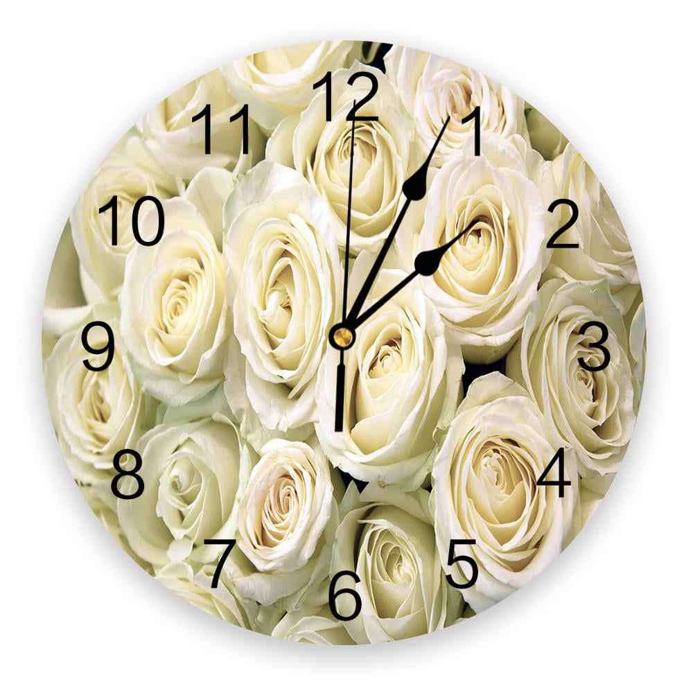 3D White Rose PVC Wall Clock Modern Design Home r Bedroom Silent Oclock ...