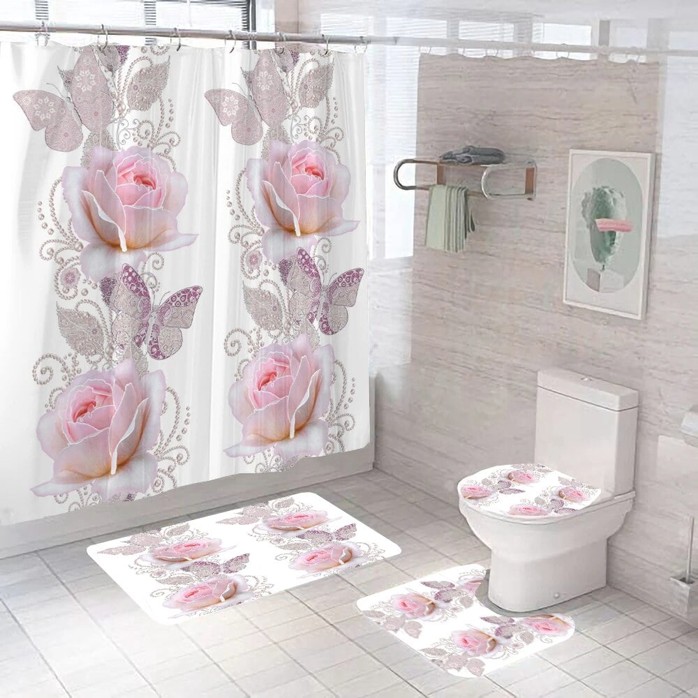 3D White Rose Shower Curtain Set Elegant Modern Chic Roses Floral Bath ...