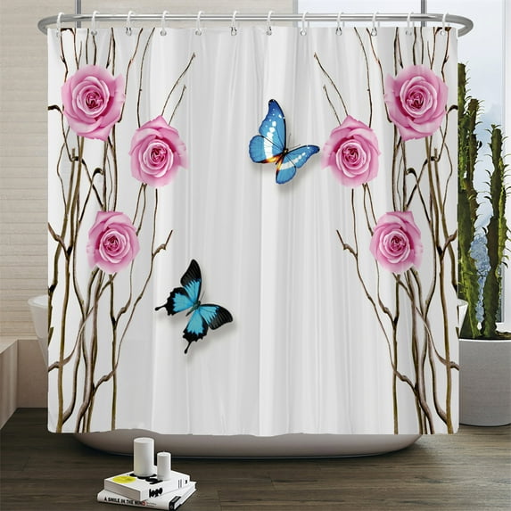3D White Rose Shower Curtain Set Elegant Modern Chic Roses Floral Bath ...