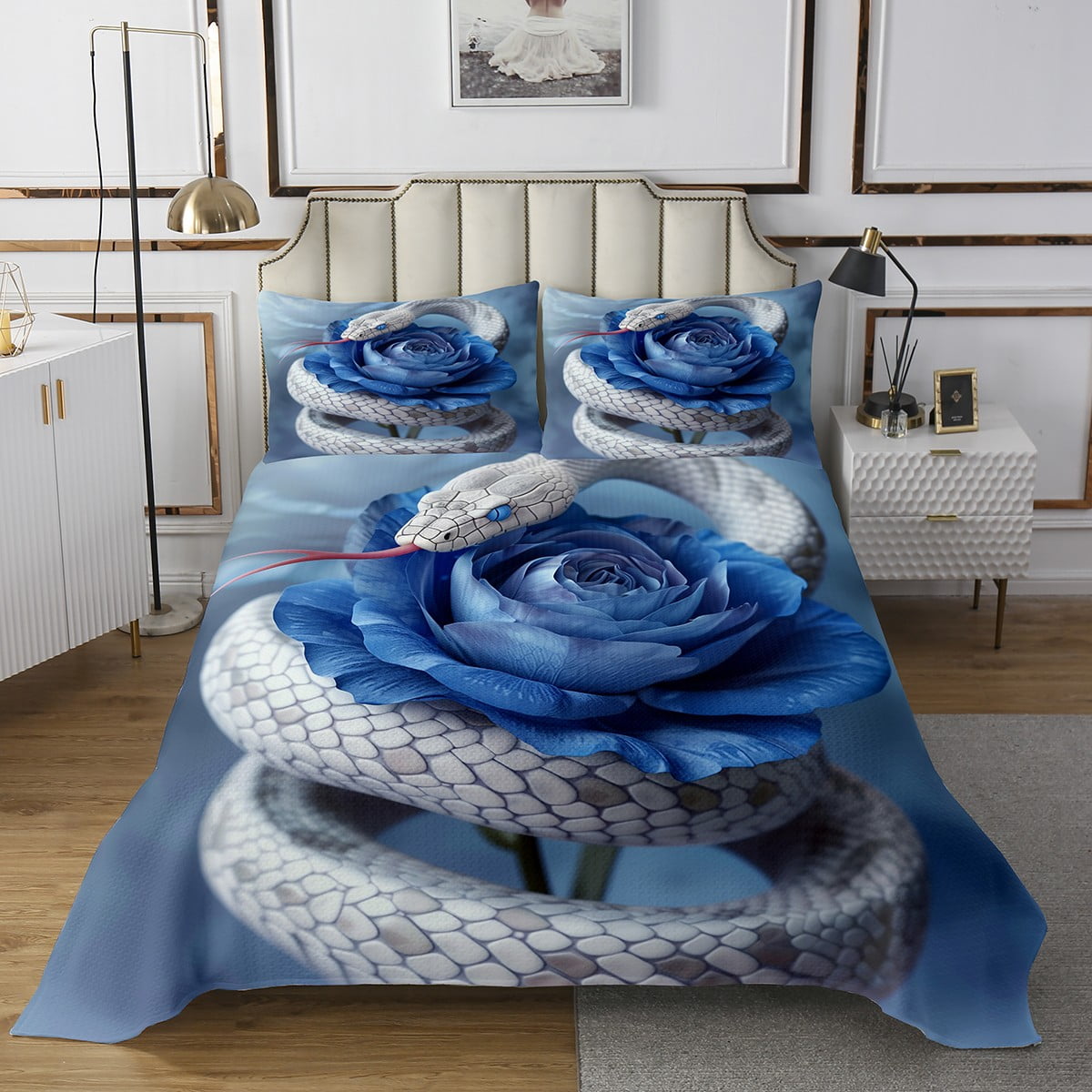 3D White Snake Bedspread Set King Size Blue Rose Floral Quilt Set ...