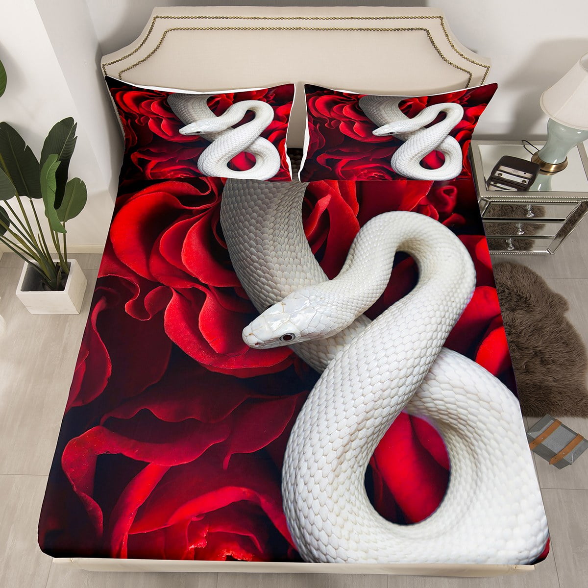 3D White Snake Sheets,African Safari Jungle Animals Bed Sheets,Red Rose ...
