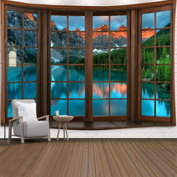 3D Window Landscape Tapestry Hippie Mountain Wall Hanging Cloth Ceiling ...
