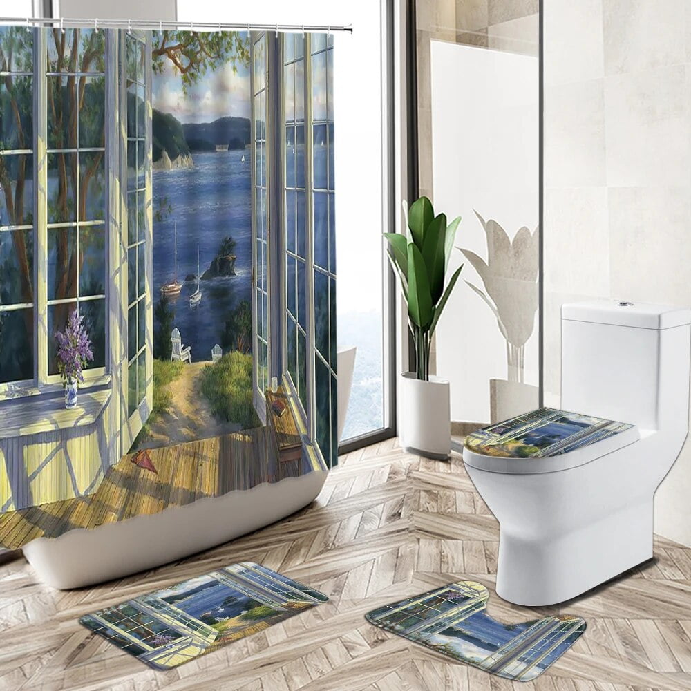 3D Window Scenery Printing Shower Curtain Set Forest Waterfall Ocean ...