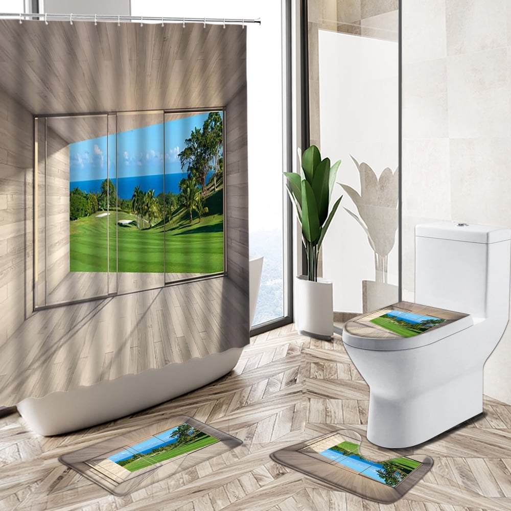 3D Window Scenery Printing Shower Curtain Set Forest Waterfall Ocean ...