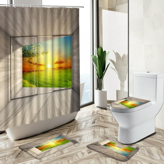 3D Window Scenery Printing Shower Curtain Set Forest Waterfall Ocean ...