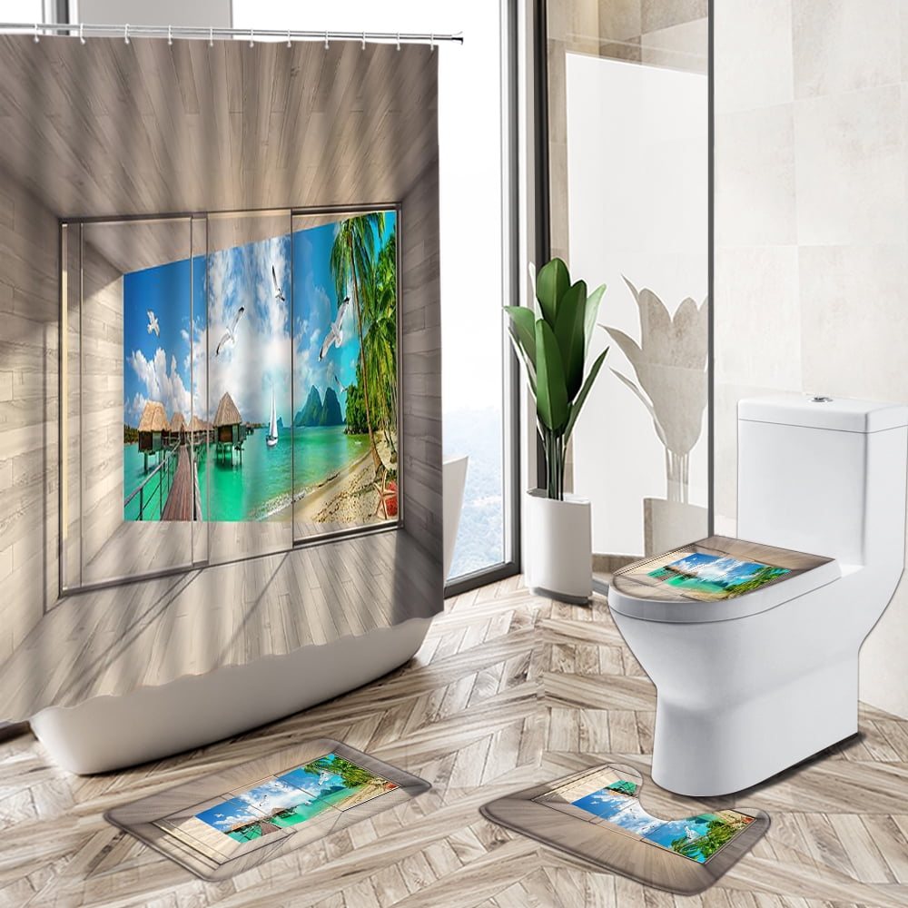 3D Window Scenery Printing Shower Curtain Set Forest Waterfall Ocean ...