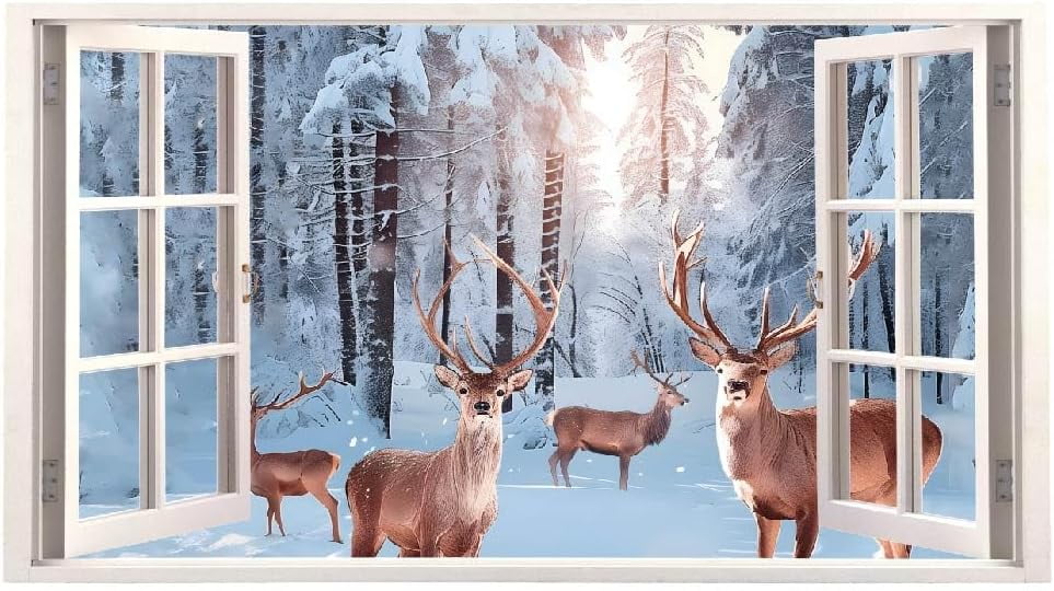 3D Window Scenery Wall Stickers Winter Snow Wall Decals Elk Forest Wall ...