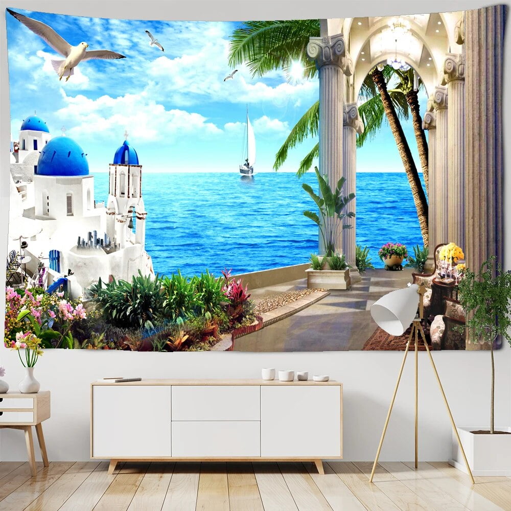 3D Window Sea Beach Landscape Tapestry Hippie Wall Tapestries Bohemian ...