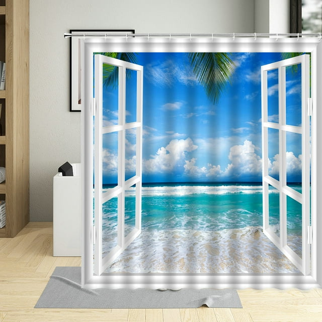 3D Window View Landscape Waterfall Shower Curtain Ocean Scenery Bird ...