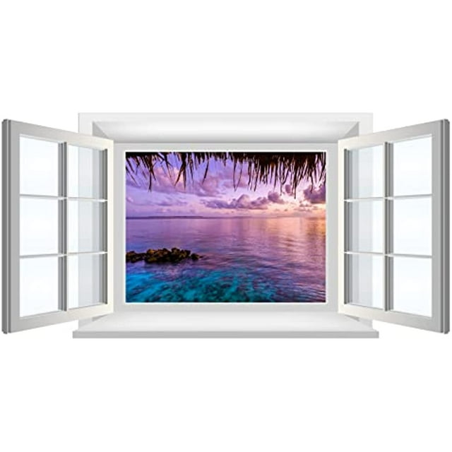3D Window Wall Stickers 31x15 Inch PVC Wall Stickers Water Beach Sunset ...
