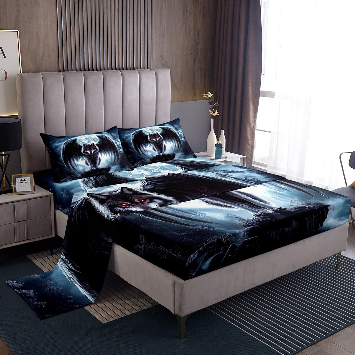 3D Wolf Bed Sheets King Size,Trippy Animals Bedding Sets 4Pcs,Black ...