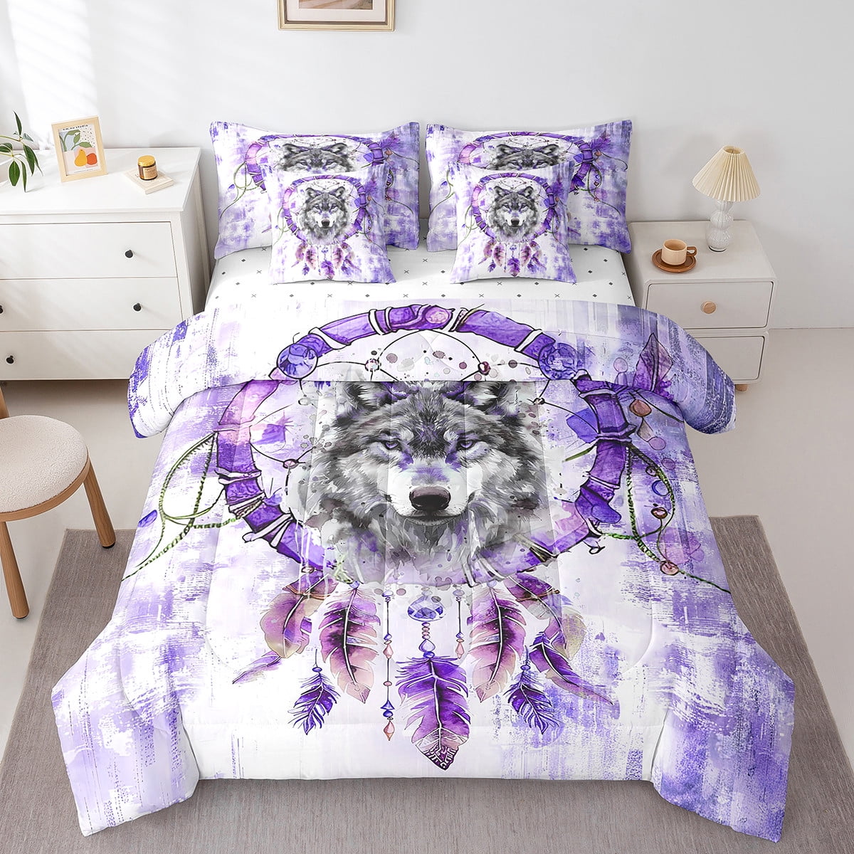 3D Wolf Bedding Comforter Sets 7pcs Boho Dreamcatcher Bed in a Bag ...
