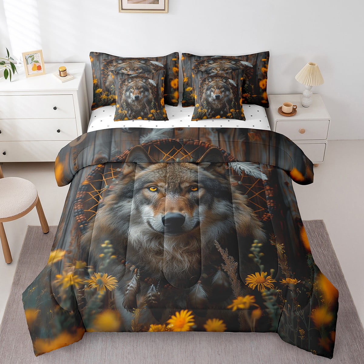 3D Wolf Bedding Set Queen Size Dreamcatcher Feather Comforter Set ...