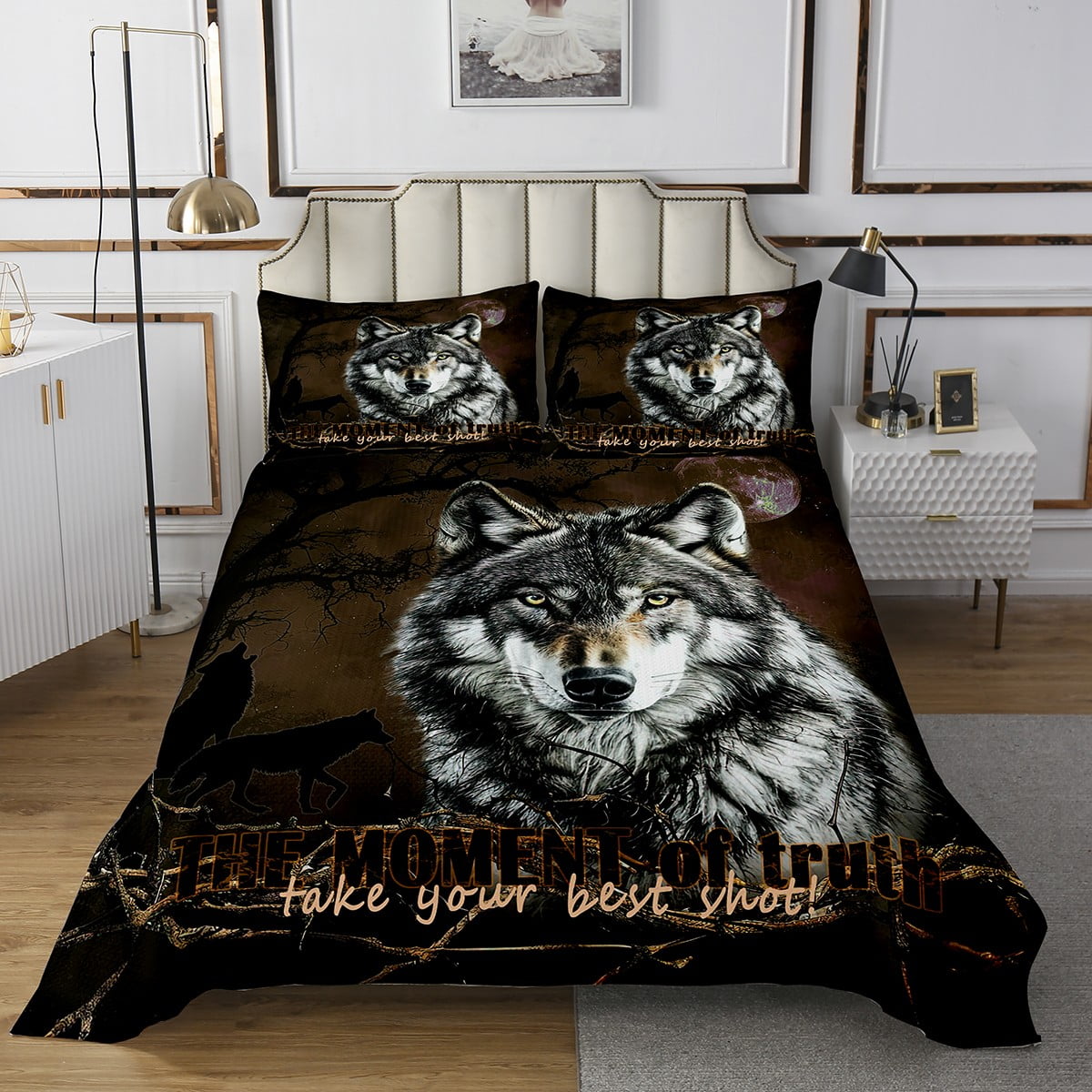 3D Wolf Bedspread Set Night Galaxy Moon Wolf Coverlet Set, Wild Animal ...