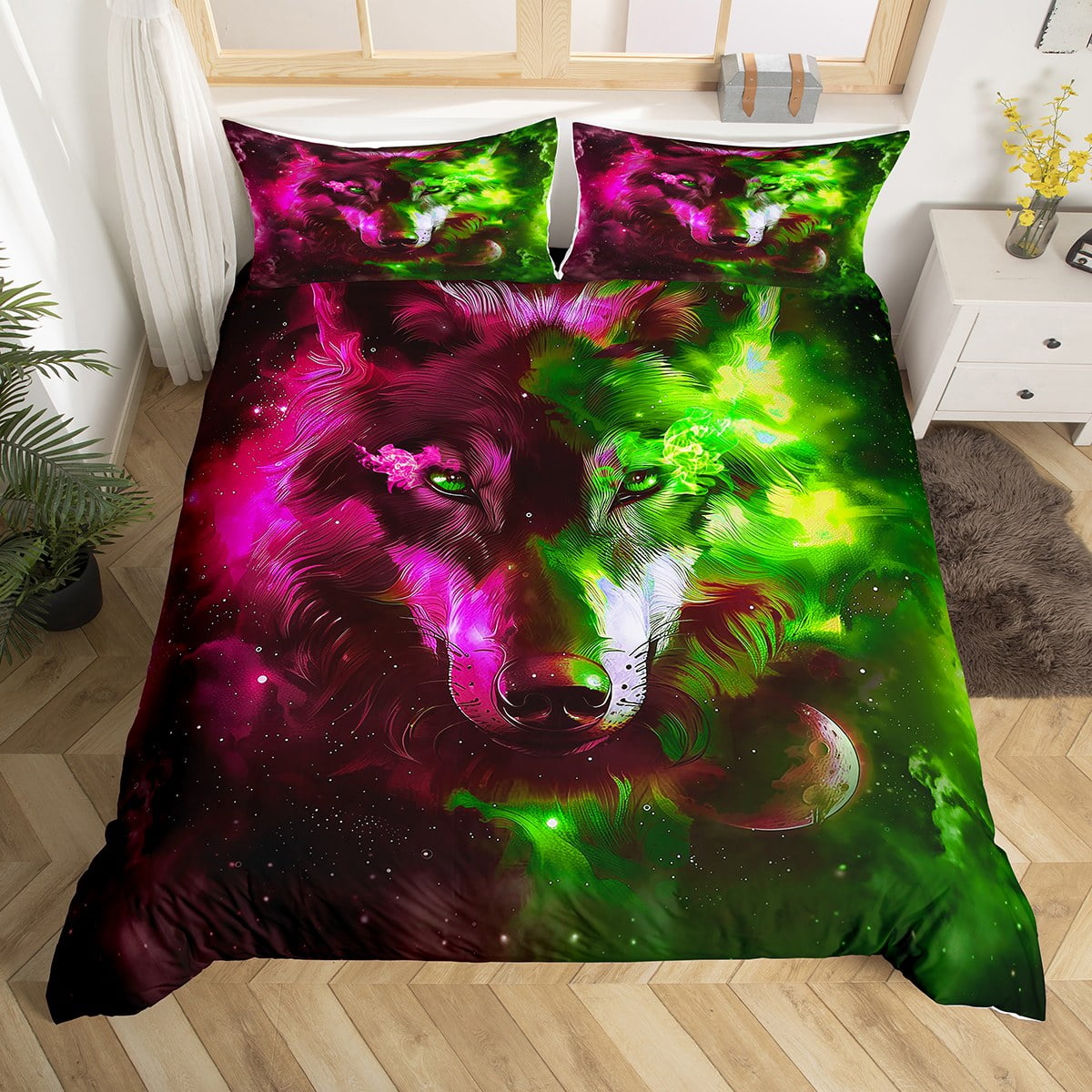 3D Wolf Comforter Cover Full Size Moon Wolf Galaxy Themed Duvet Cover 3 ...