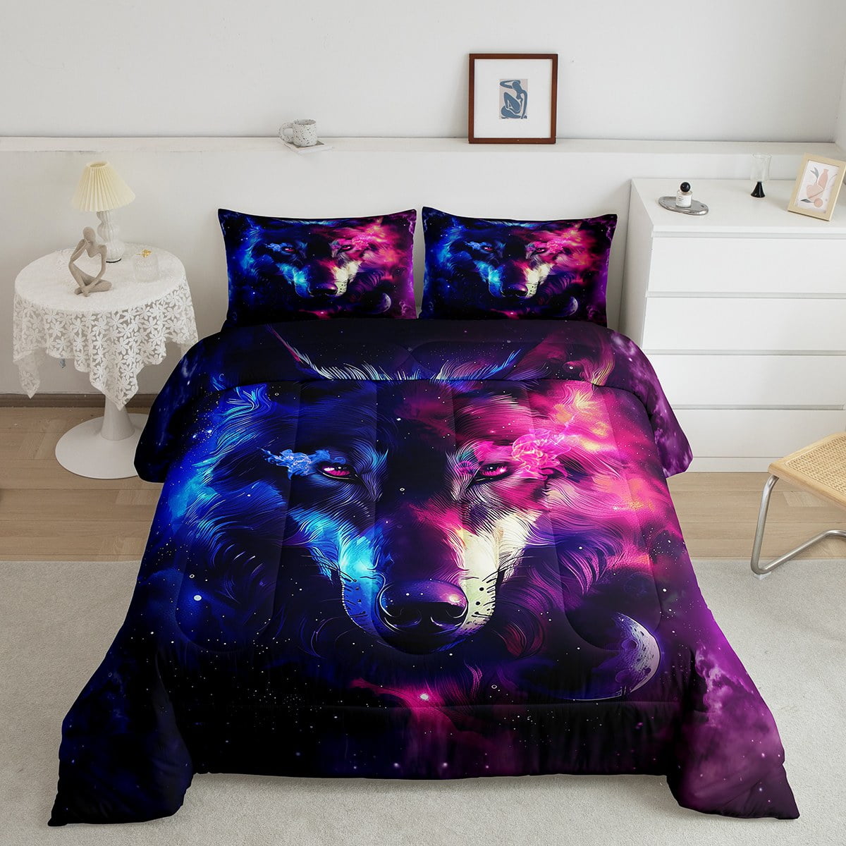 3D Wolf Comforter Set Full Size Wolf Galaxy Moon Bedding Comforter Sets ...