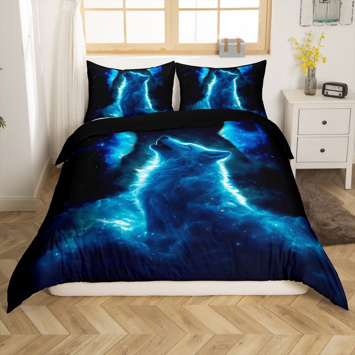 3D Wolf Duvet Cover Set Twin Size,Starry Sky Galaxy Bedding Set 2Pcs ...