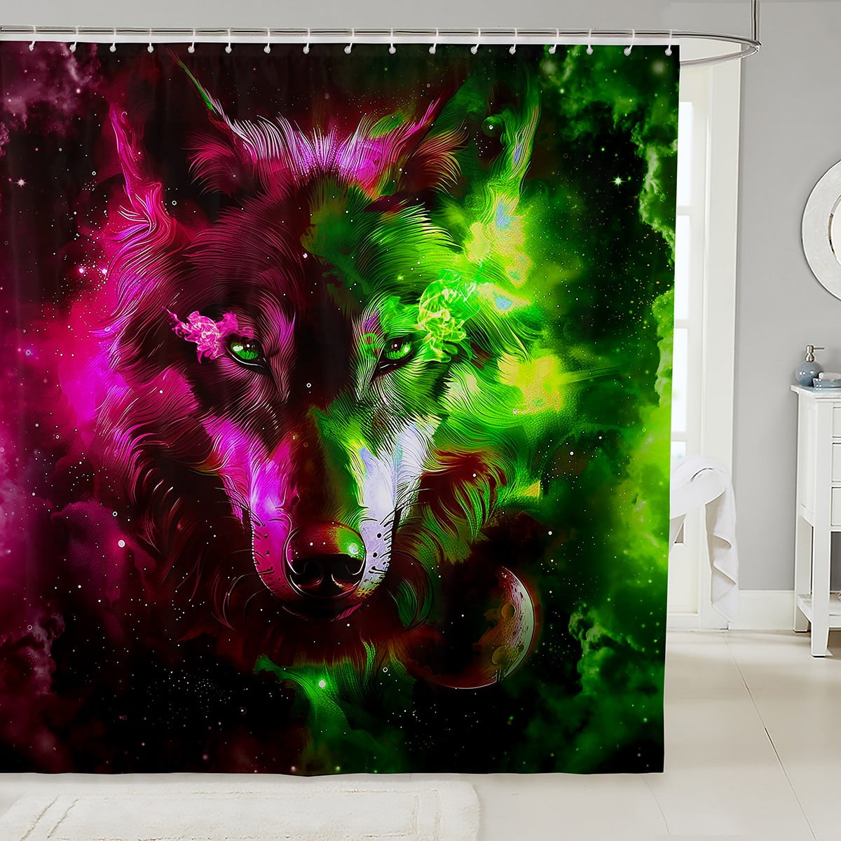 3D Wolf Fabric Shower Curtain Moon Wolf Galaxy Themed Bathroom Shower ...