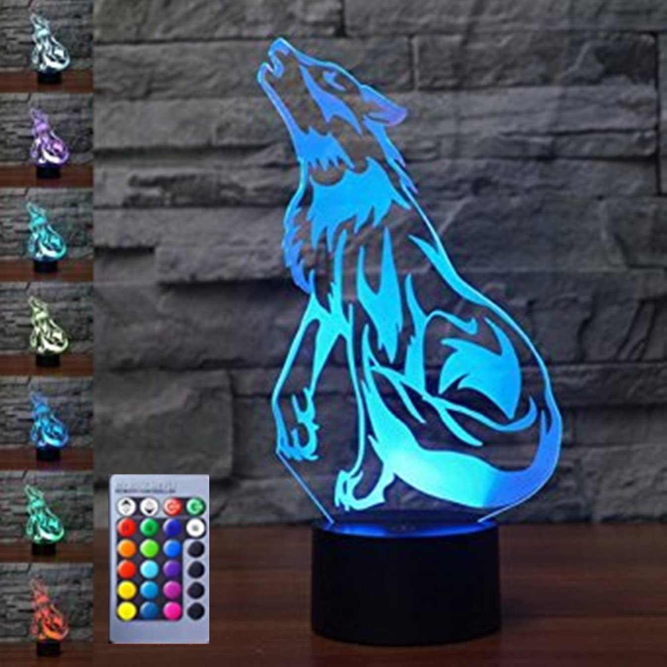 3D Wolf Night Light Table Desk Optical Illusion Lamps 16 Color Changing ...