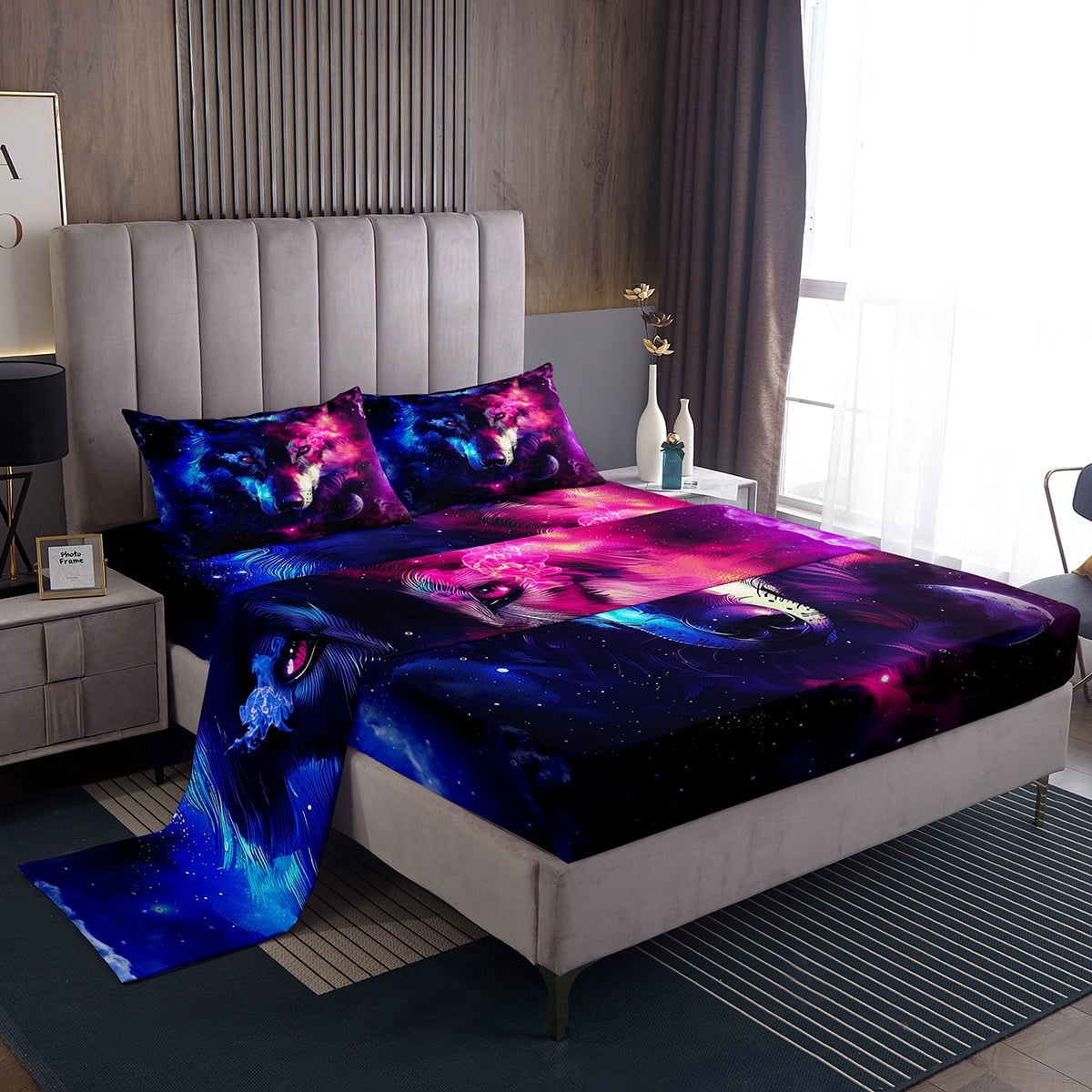 3D Wolf Sheet Set Full Size Wolf Galaxy Moon Bed Sheets Set 4 Piece ...