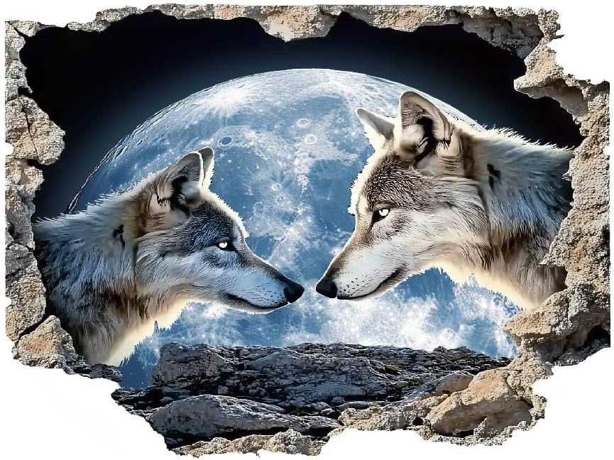 3D Wolf Wall Sticker Forest Animals Decals Stickers Moon Break Through ...